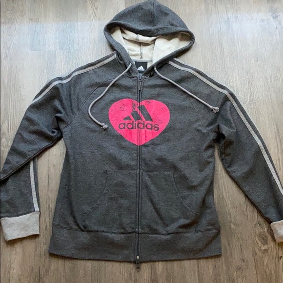 adidas | Jackets & Coats | Adidas Dark Grey Jacket With Pink Heart ...